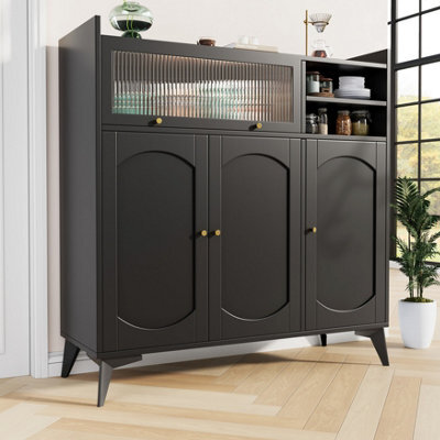 Btm Modern Black Sideboard With Glass Door & Gold Handle, Large Storage Cabinet For Dining Or ...