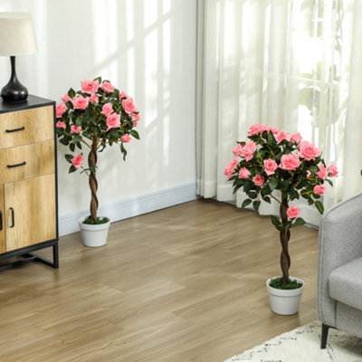 Outsunny Set Of 2 90Cm Artificial Rose Tree, Fake Decorative Plant ...