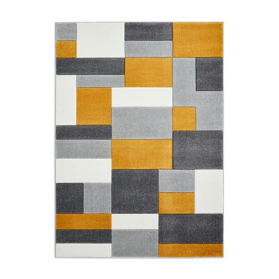 Grey Yellow Rug, 10mm Thick Geometric Rug, Modern Grey Yellow Rug For ...