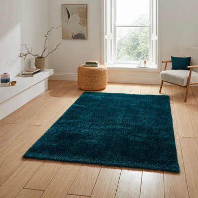 Green Plain Shaggy 45mm Thick Stain-Resistant Rug For Bedroom, & Dining ...