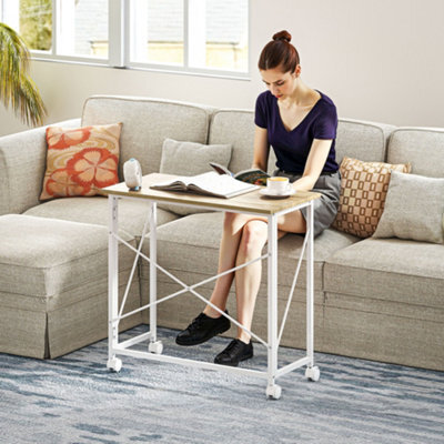 Homcom Folding Desk On Wheels, Writing Table For Home Office, Natural ...