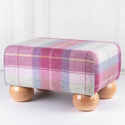 Small Blush Pink Tartan Upholstered Footstool Pouffe W/ Natural Gloss ...