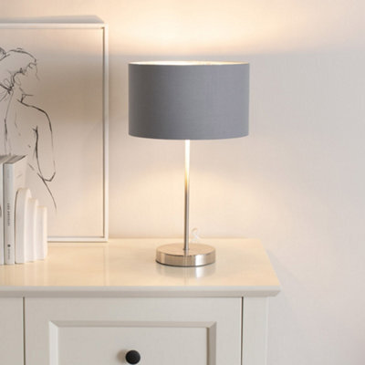 Valuelights Charles Chrome Stem Table Lamp With Grey With Chrome Inner Lamp Shade And Led Bulb ...