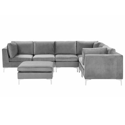 Beliani Modular Corner Sofa Evja Velvet Grey With Ottoman 6 Seater Left ...