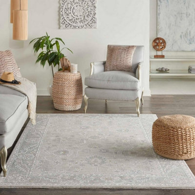 Light Grey Traditional Bordered Persian Floral Rug For Living Room ...