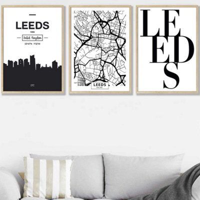 Artze Wall Art Set Of 3 Leeds Skyline Street Map City Prints Wall Art ...