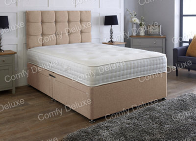 Comfy Deluxe 6Ft Beige Superking Linen Fabric Divan Bed Pocket Mattress ...