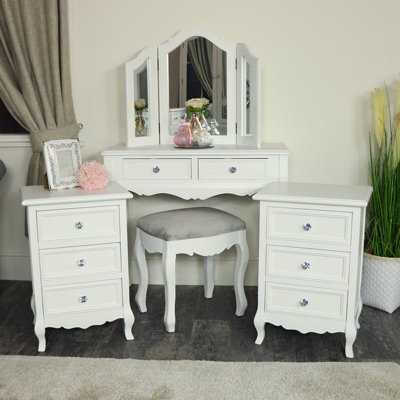 Melody Maison White Dressing Table, Mirror, Stool & Pair Bedside Tables ...