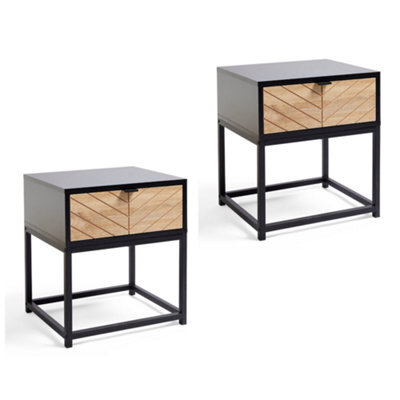 Vonhaus Chevron Bedside Tables Set Of 2, Black & Wood Effect Side ...
