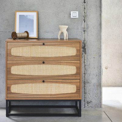 Sweeek - 3-Drawer Chest With Wood And Cane Effect Natural 40X80X80 Cm ...