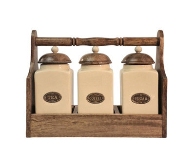 Geko Ceramic Tea, Coffee & Sugar Jar's In Solid Mango Wood Rack by B&Q ...