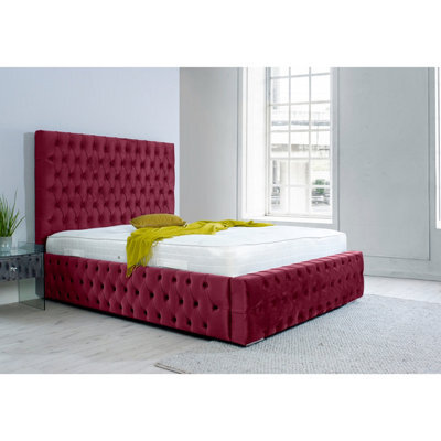 Orella Plush Bed Frame With Chesterfield Headboard - Maroon by B&Q ...