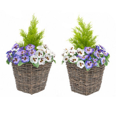 GreenBrokers 2 X Artificial Rattan Patio Planters Purple And White Faux ...