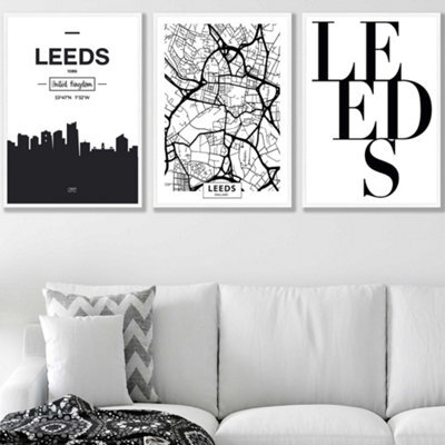 Artze Wall Art Set Of 3 Leeds Skyline Street Map City Prints Wall Art ...