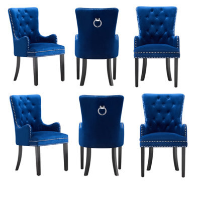 Life Interiors Set Of 6 Blue Velvet Dining Chairs With Armrest ...