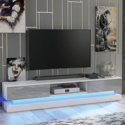 Bloom Tv Unit 180Cm White & Grey With High Gloss Doors And Led Lighting ...