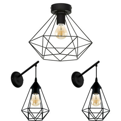 Stylish Low Profile Ceiling Light With 2 Matching Wall Sconces In Black ...