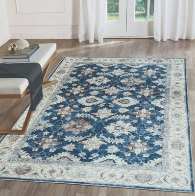 Blue Bordered Floral Rug For Bedroom, & Living Room, 7mm Thick Stain ...