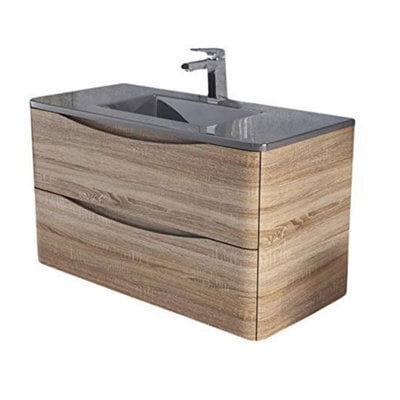 Plum&clay Eden Light Oak Wall Hung Vanity Unit With Grey Glass Basin (W ...
