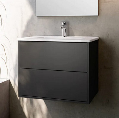 Banyetti Venti Noir 600mm Wall Hung Vanity Unit With Basin - Matt Black ...