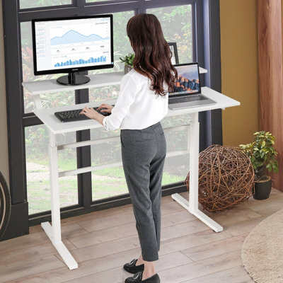 Costway 2-Tier Standing Computer Desk Sit To Stand Workstation Ergonomic Computer Table White by ...