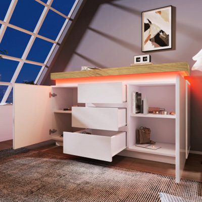 Btm White High-Gloss Sideboard With 2 Doors, 3 Drawers & Rgb Led (App ...