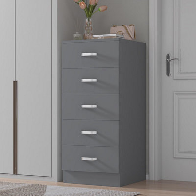 FWSTYLE Tunis 5 Drawer Tall Slim Chest Of Drawers - Matt Grey by B&Q ...