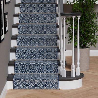Loomed Blue White Mosaic Cut To Measure Stair Carpet Runner 70Cm Wide ...