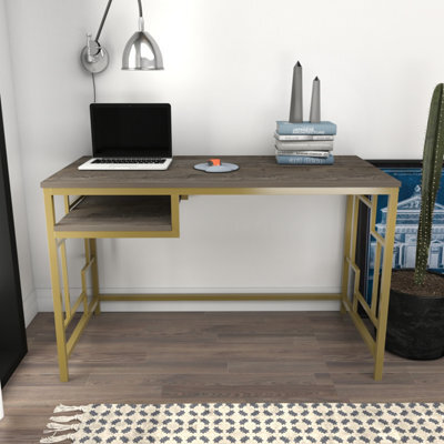 Decorotika Kennasaw 120Cm Wide Metal Frame Computer Desk Gold Dark Grey ...