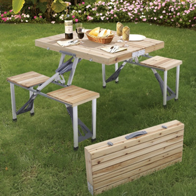 Thehotsale Garden Solid Wood Foldable Table Benches Set 4 Seats For ...