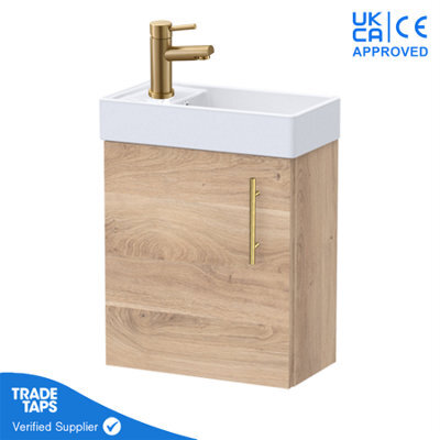 GravaHaus Bleached Oak Gloss Wall Hung Vanity Unit 400mm With Brushed Brass Tap, Waste & Handle ...