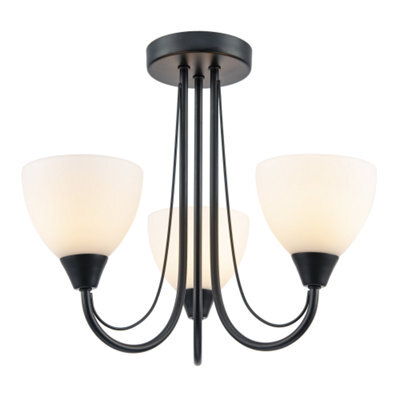 Happy Homewares Designer Matte Black Three Arm Ceiling Light With Opal ...