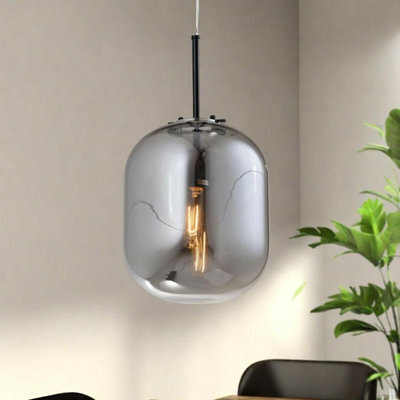 Harper Living Smoked Glass Pendant Light, E27 Ceiling Lighting Black ...