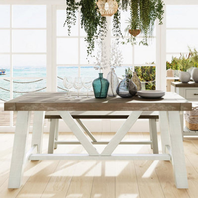 FWSTYLE 1.6M Fixed Solid Reclaimed Pine Off White Dining Table Set by B ...