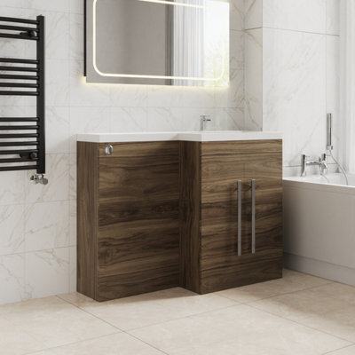Sundaze 1100mm Walnut Bathroom Combined Furniture L-Shape Vanity Unit ...