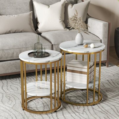 Homcom Marble-Effect Round Coffee Table Set Of 2 For Living Room, Gold ...