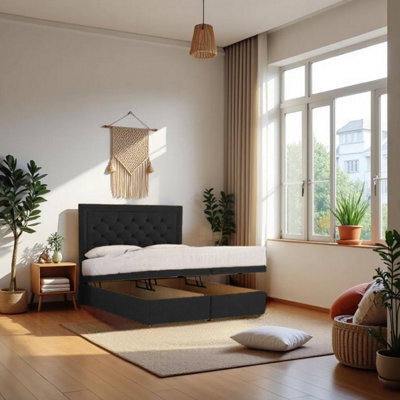 "Knight Sleep Athens Ottoman Bed Black Plush 5Ft With Mattress & 24 ...