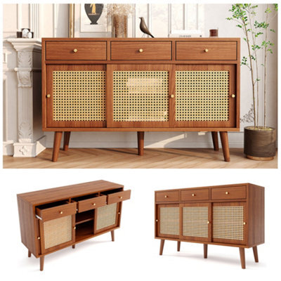 Matteo Retro Wooden Sideboard With Rattan Door Design, 120X40X78Cm, 3 ...