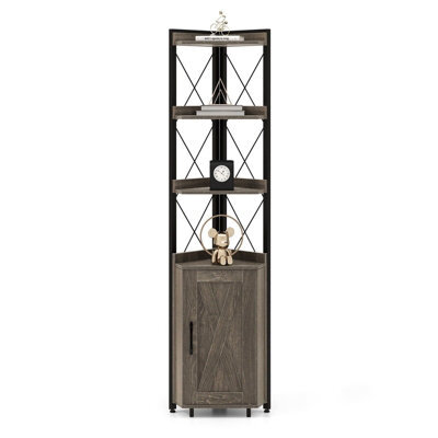 Gainoom 6-Tier Grey Corner Bookcase Wooden Display Storage Cabinet W ...