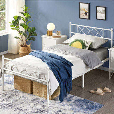 Yaheetech White 3Ft Single Simple Metal Bed Frame With Cross-Design ...