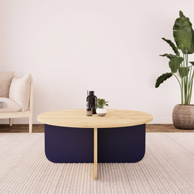 Bimossa Beca Oak & Blue Round Coffee Table - Sleek 80Cm Coffee Table ...