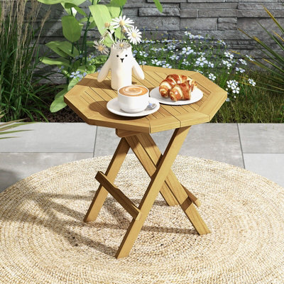 Gainoom Natural Outdoor Patio Folding Side Table Teak Wood Octagon ...