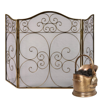 Dibor Vintage Style Antique Brass Fire Guard With Fireplace Coal Bucket ...