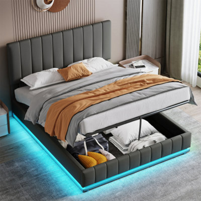 Double Bed With Led Lighting, Pu Leather Upholstered Bed With Hydraulic ...