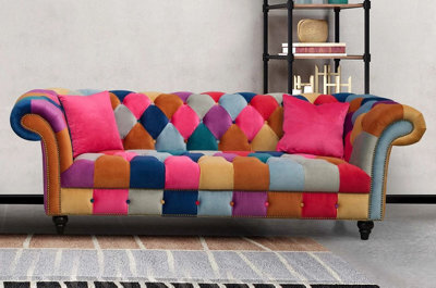 Multicoloured Velvet Patchwork 3 Seater Scroll Arm Chesterfield Sofa by ...