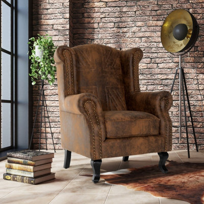 Faux Leather Suede Brown Britannia Wing Back Chair With Union Jack Flag ...