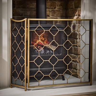 Dibor Traditional Antique Brass Marrakesh Footed Fireplace Guard Fire ...