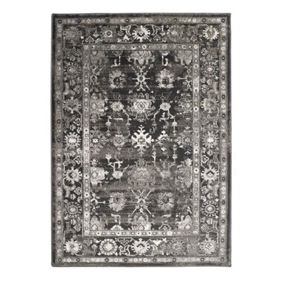 Dark Grey Traditional Rug, 20mm Thickness Bordered Floral Rug ...