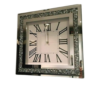 Biznest Crushed Diamond Silver Square Wall Clock Roman Numbers by B&Q ...