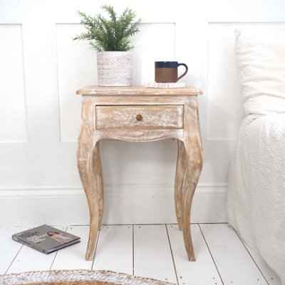 French Style Bedside Table - Whitewash Bedside Table - Elegant Wooden ...